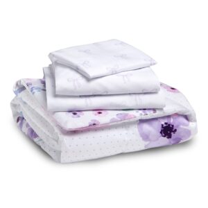 Delta Children 4 Piece Toddler Bedding Set for Girls - Reversible 2-in-1 Comforter - Includes Fitted Comforter to Keep Little Ones Snug, Bottom Sheet, Top Sheet, Pillow Case - Purple Bouquet