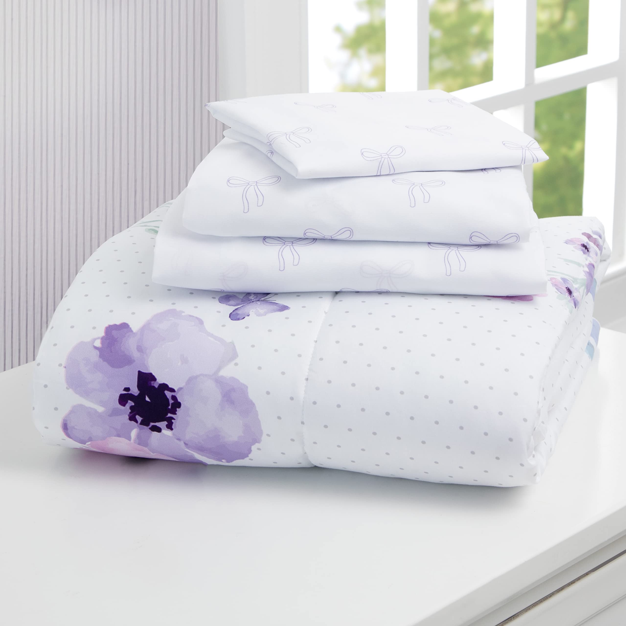 Delta Children 4 Piece Toddler Bedding Set for Girls - Reversible 2-in-1 Comforter - Includes Fitted Comforter to Keep Little Ones Snug, Bottom Sheet, Top Sheet, Pillow Case - Purple Bouquet