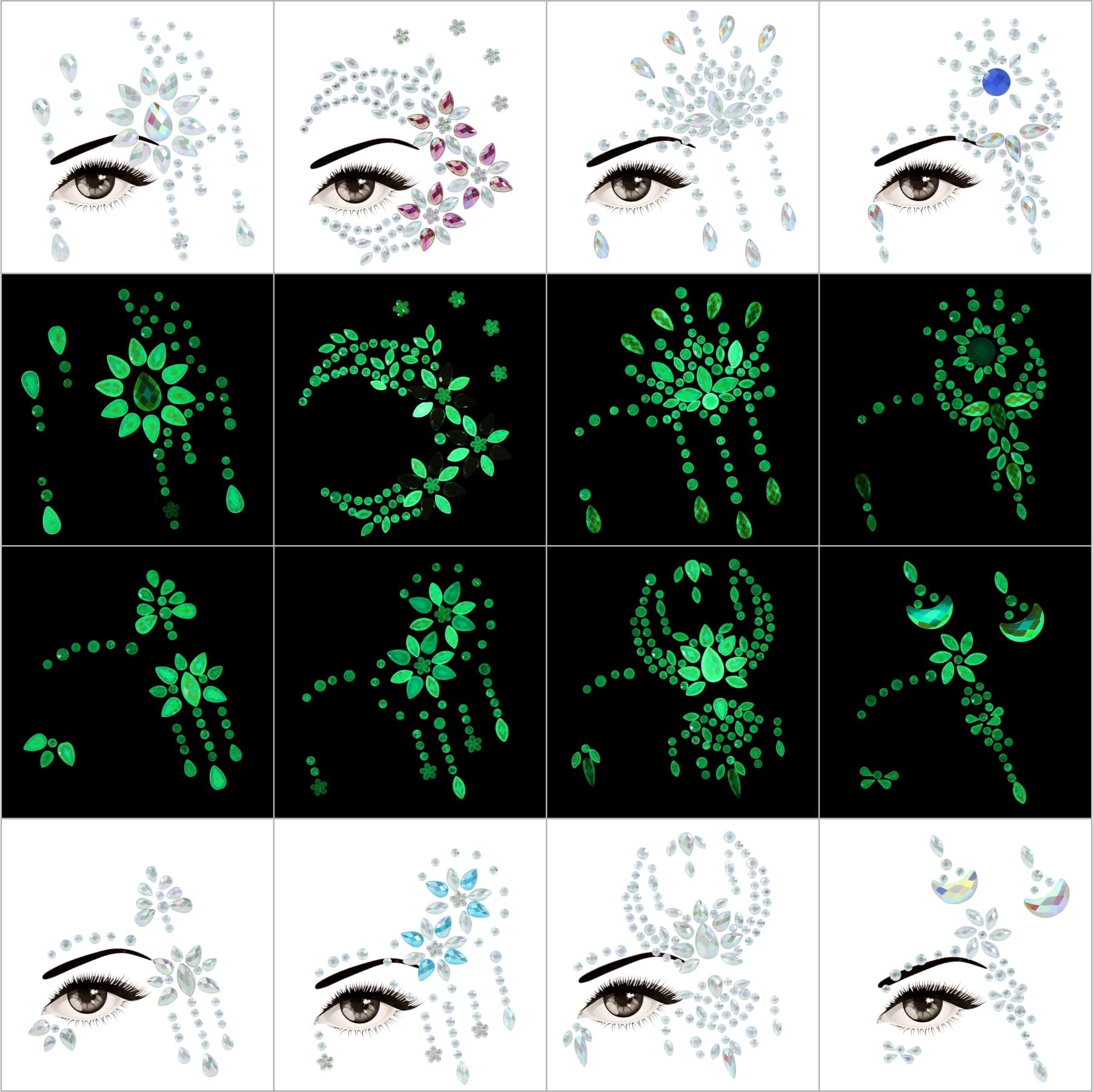 Luminous Face Gems, 8Sets Noctilucent Face Jewels Stick on Eyes Body Rave Festival Makeup Glow In Dark-Rhinestones Jewelry Temporary Tattoos Stickers Halloween Costumes and Parties Accessories