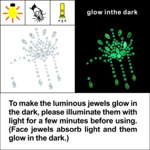 Luminous Face Gems, 8Sets Noctilucent Face Jewels Stick on Eyes Body Rave Festival Makeup Glow In Dark-Rhinestones Jewelry Temporary Tattoos Stickers Halloween Costumes and Parties Accessories