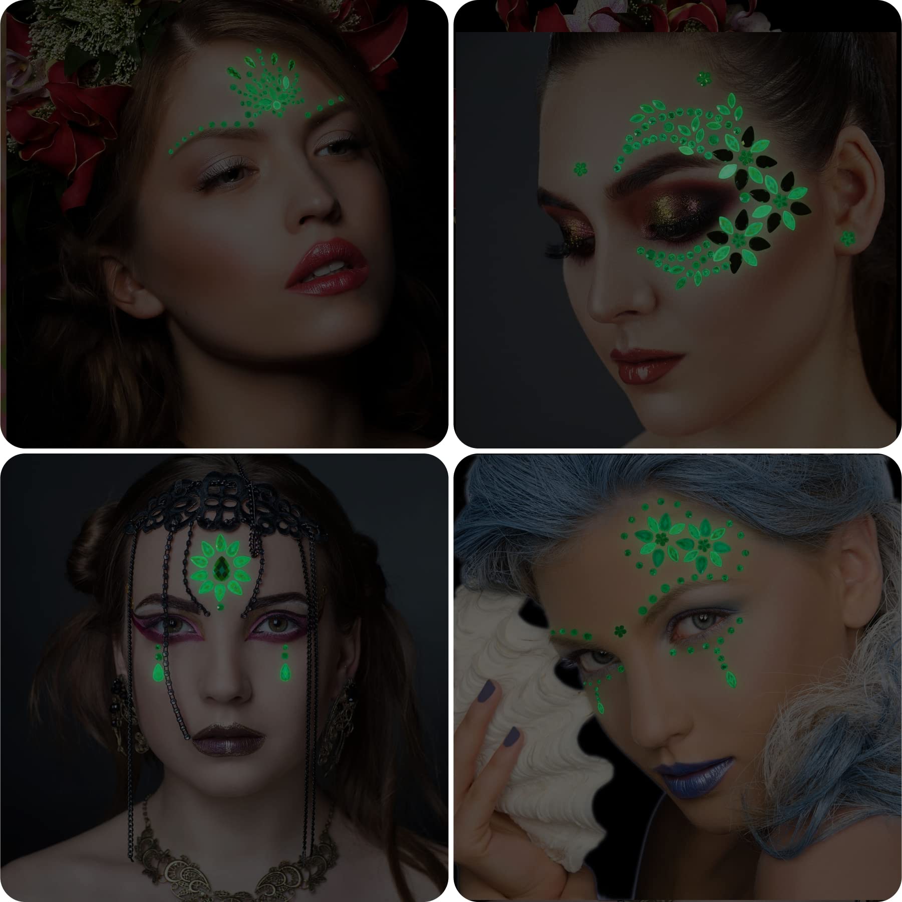 Luminous Face Gems, 8Sets Noctilucent Face Jewels Stick on Eyes Body Rave Festival Makeup Glow In Dark-Rhinestones Jewelry Temporary Tattoos Stickers Halloween Costumes and Parties Accessories