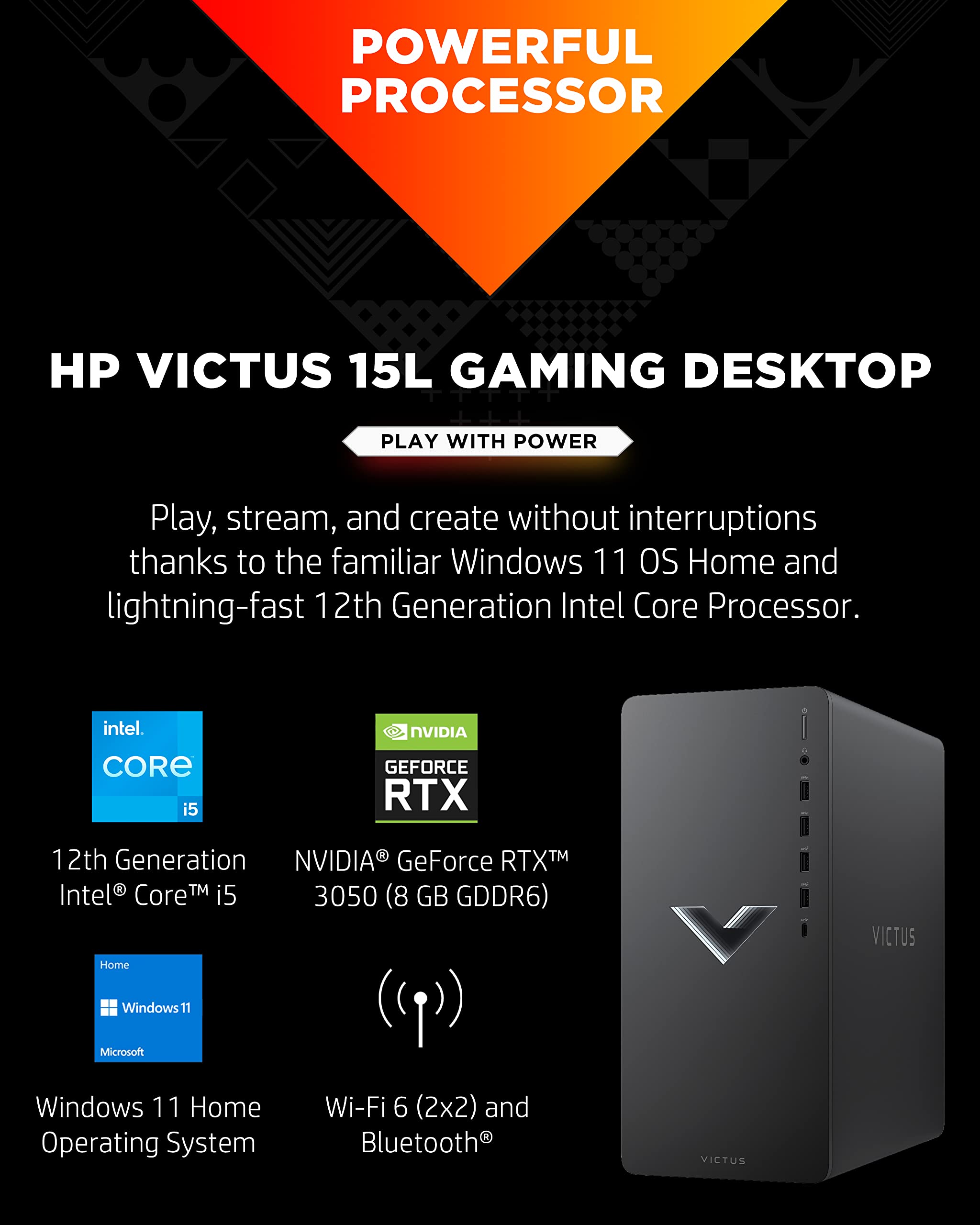 HP Victus 15L Gaming Desktop - 12th Gen Intel Core i5-12400F, 2.50 GHz - 8 GB SDRAM, 512 GB M.2 SSD - NVIDIA GeForce RTX 3050 - Windows 11 Home, Wi-Fi 6 & Bluetooth, 9 USB Ports (TG02-0021, 2022)