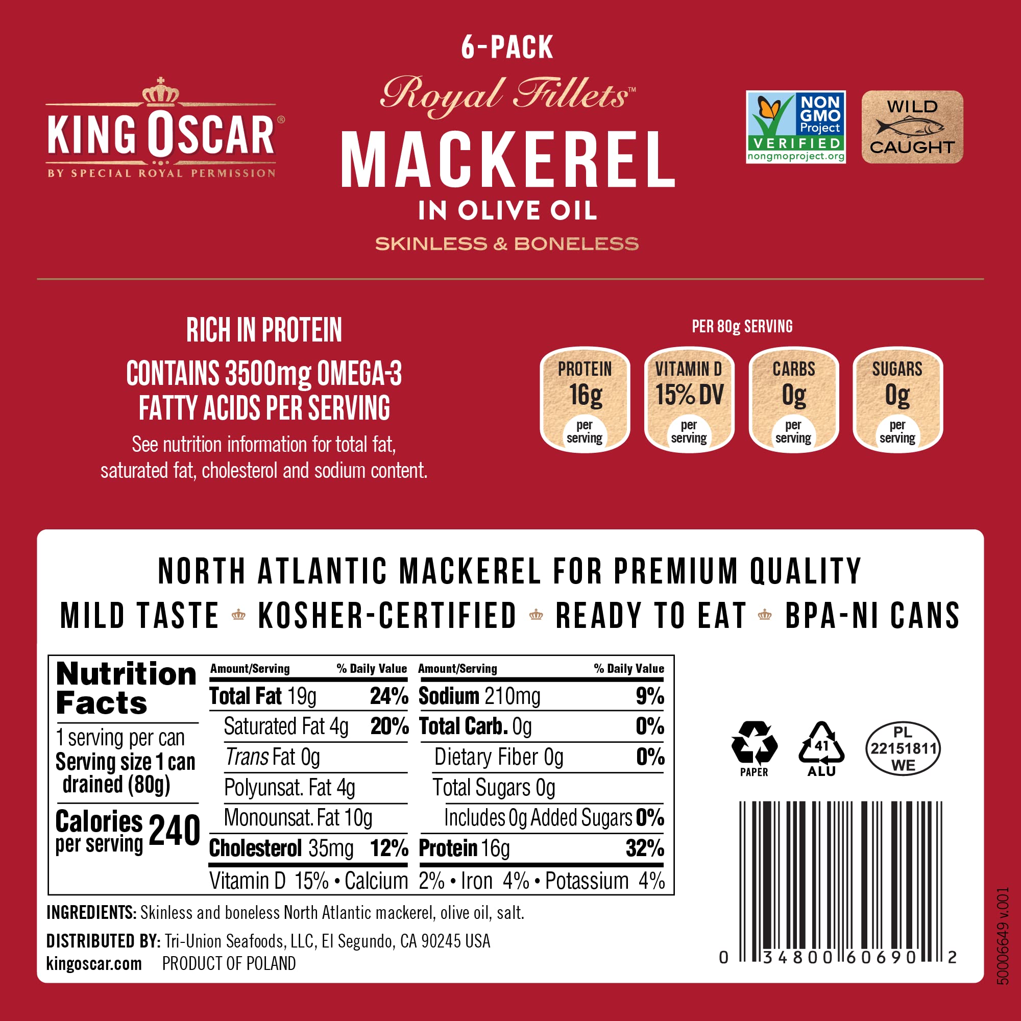 King Oscar Skinless & Boneless Mackerel in Olive Oil, 4.05-Ounce Cans (Pack of 6)