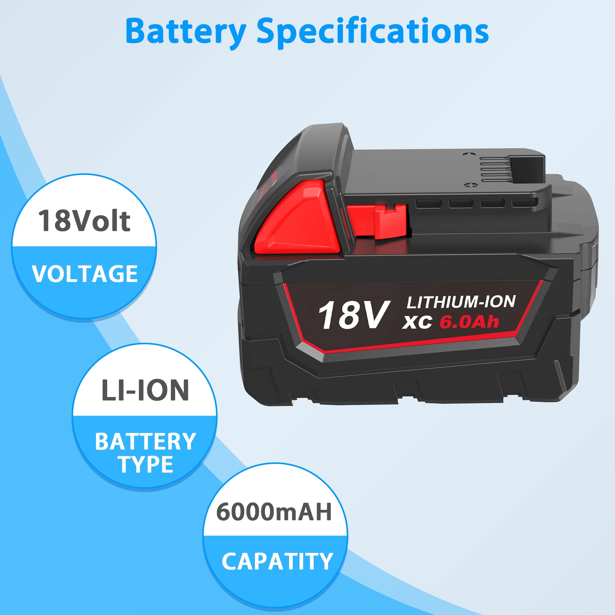 New Replacement Milwaukee M18 Battery Pack High Output 6.0Ah 18V for Milwaukee M18 Batteries Lithium 48-11-1862 48-11-1852 48-11-1850 48-11-1840 48-11-1822 48-11-1828 48-11-1815 Battery Pack (2-Pack)