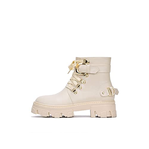 Cape Robbin Juicy Combat Boots for Women, Platform Boots with Chunky Block Heels, Womens Side Zipper High Tops Boots - Off White Size 7