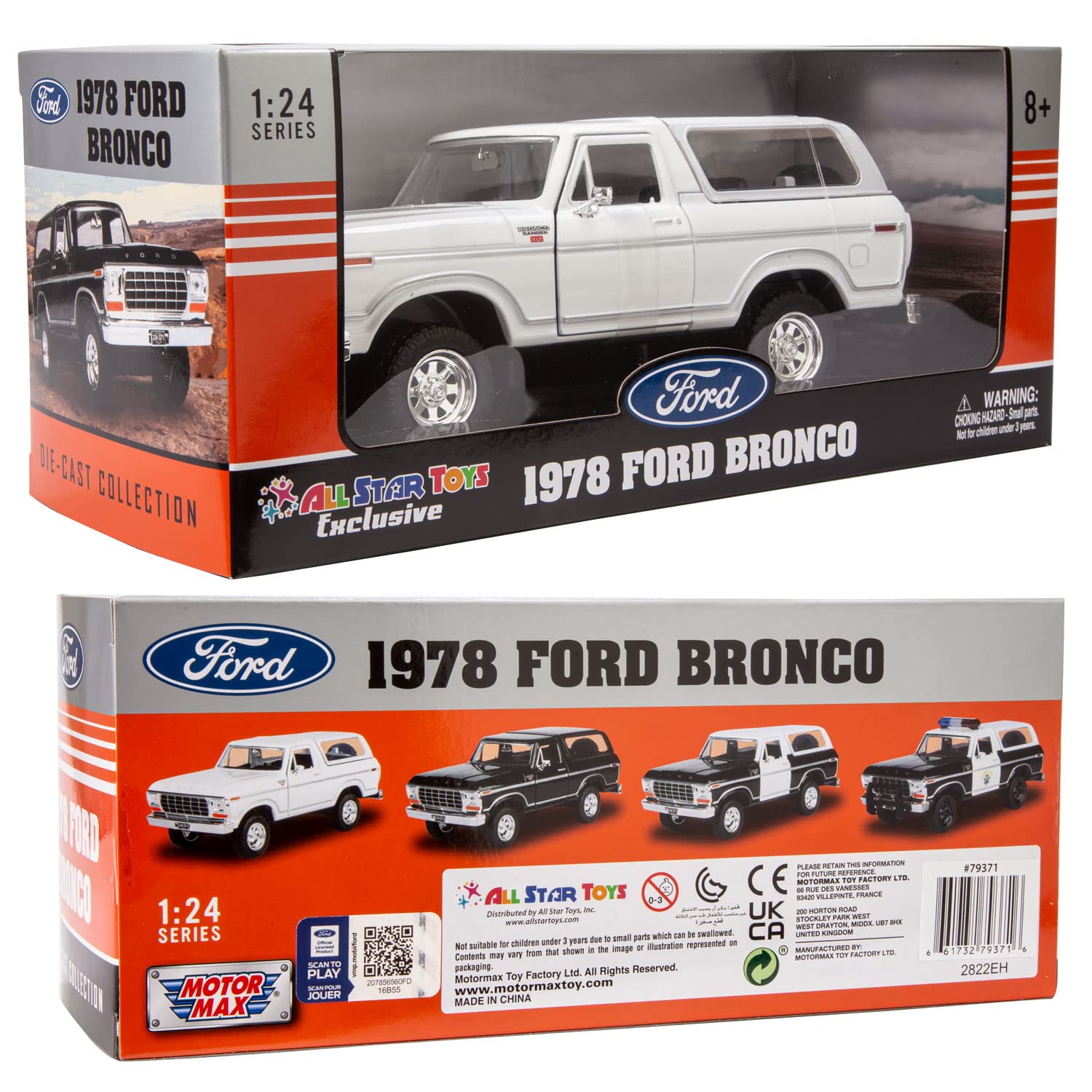 1978 Ford Bronco 1:24 Diecast Model Car White SUV SUT Truck Motormax All Star Toys Exclusive 79371