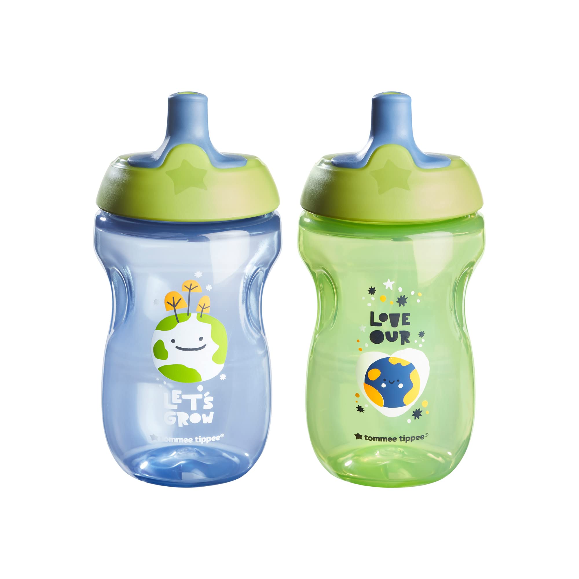 Tommee Tippee Sportee Water Bottle for Toddlers, Spill-Proof, Playful and Colorful Designs, Easy to Hold Design, 10oz, 12m+, 2 Count, Blue and Green