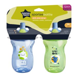 Tommee Tippee Sportee Water Bottle for Toddlers, Spill-Proof, Playful and Colorful Designs, Easy to Hold Design, 10oz, 12m+, 2 Count, Blue and Green