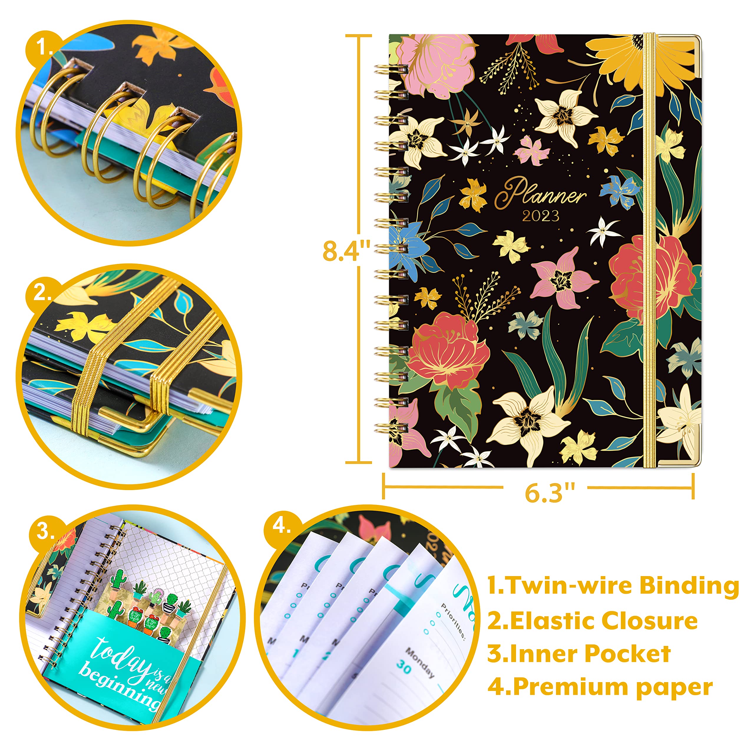 2023 Planner - Planner/Calendar 2023, Jan.2023 - Dec.2023, 2023 Planner Weekly & Monthly with Tabs, 6.3" x 8.4", Hardcover + Back Pocket + Twin-Wire Binding, Daily Organizer - Colorful Floral