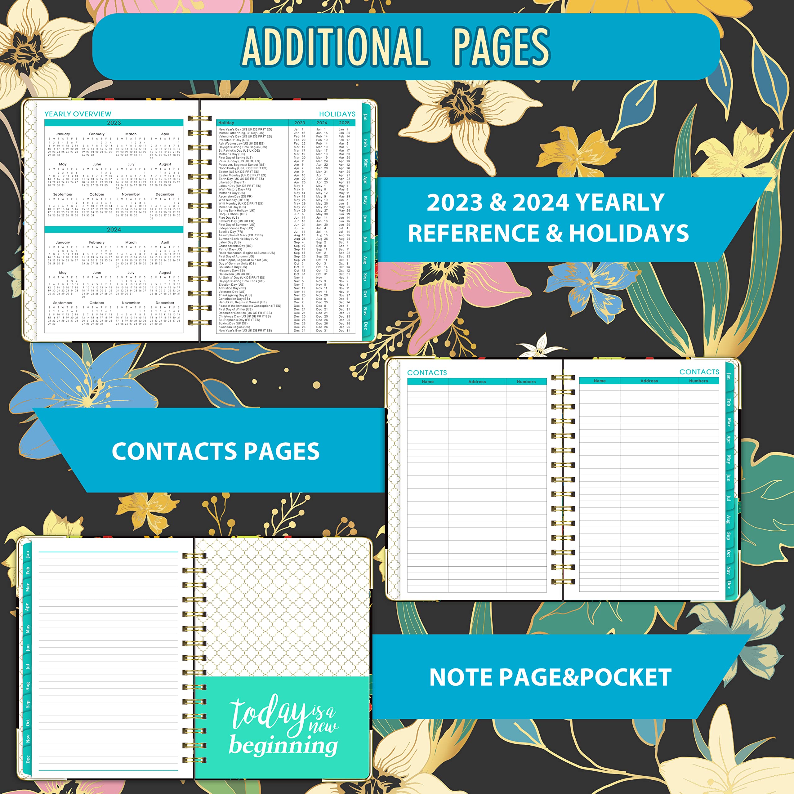 2023 Planner - Planner/Calendar 2023, Jan.2023 - Dec.2023, 2023 Planner Weekly & Monthly with Tabs, 6.3" x 8.4", Hardcover + Back Pocket + Twin-Wire Binding, Daily Organizer - Colorful Floral