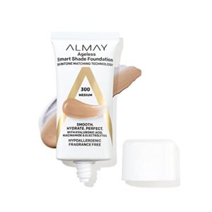 almay anti-aging foundation, smart shade face makeup with hyaluronic acid, niacinamide, vitamin c & e, hypoallergenic-fragrance free, 300 medium, 1 fl oz (pack of 1)