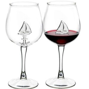 Sailing Wine Glasses Sail boat for Wine - Italian Cabernet Red Wine Glass With 3D Sailboat Inside - Creative Crystal Clear Cup Wine Glass Goblet Flute Lead-free - Perfect for Homes, Bars, Party (2pc)