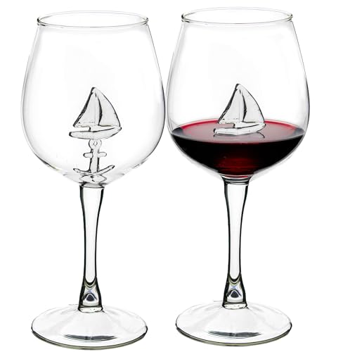 Sailing Wine Glasses Sail boat for Wine - Italian Cabernet Red Wine Glass With 3D Sailboat Inside - Creative Crystal Clear Cup Wine Glass Goblet Flute Lead-free - Perfect for Homes, Bars, Party (2pc)