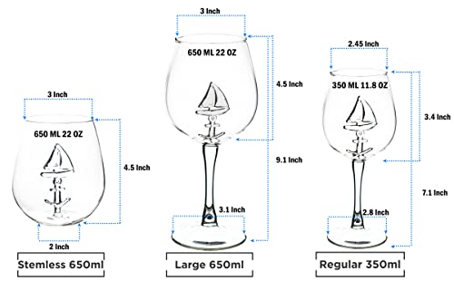 Sailing Wine Glasses Sail boat for Wine - Italian Cabernet Red Wine Glass With 3D Sailboat Inside - Creative Crystal Clear Cup Wine Glass Goblet Flute Lead-free - Perfect for Homes, Bars, Party (2pc)