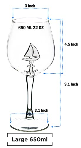 Sailing Wine Glasses Sail boat for Wine - Italian Cabernet Red Wine Glass With 3D Sailboat Inside - Creative Crystal Clear Cup Wine Glass Goblet Flute Lead-free - Perfect for Homes, Bars, Party (2pc)