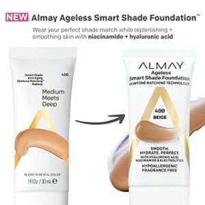 Almay Anti-Aging Foundation, Smart Shade Face Makeup with Hyaluronic Acid, Niacinamide, Vitamin C & E, Hypoallergenic, -Fragrance Free, 400 Beige, 1 Fl Oz (Pack of 1)