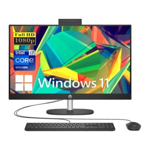 hp newest 27 all in one computer, 27" fhd screen, intel core i7-1355u, 4gb ram, 1tb pcie ssd, ir camera, wired kb & mouse, hdmi, rj-45, wi-fi 6, bluetooth, windows 11 home, black