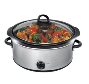 7 quarts oval slow cooker, 3 heating setting, dishwasher-safe stoneware pot and glass lid, sleek stainless steel design