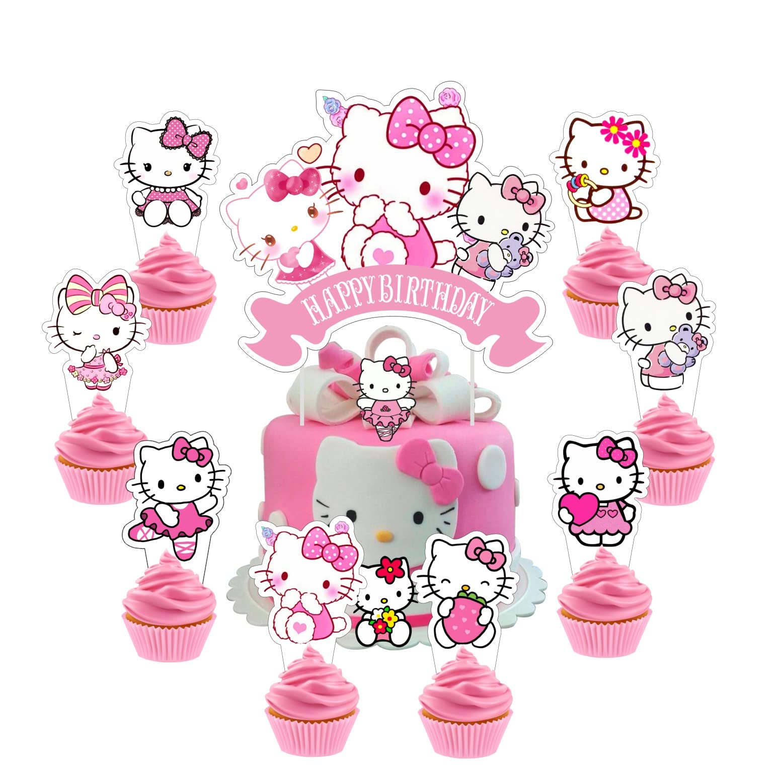 25pcs Kitty Cake Decorations with 1pcs Cake Topper, 24pcs Cupcake Toppers for Girls Birthday Party Decorations