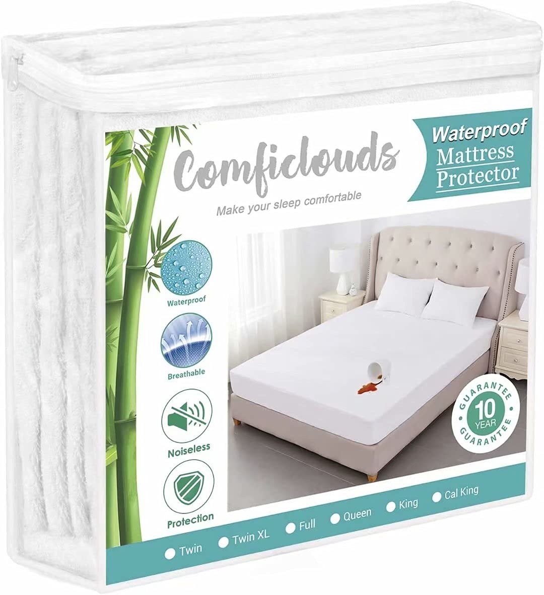 King&Twin Size Cooling Waterproof Mattress Protector Pad Bed Cover,Bamboo Terry Top Breathable Fitted Sheet Style Deep Pocket Soft Noiseless Waterproof Matressprotector Twin for Bed Kids Adults