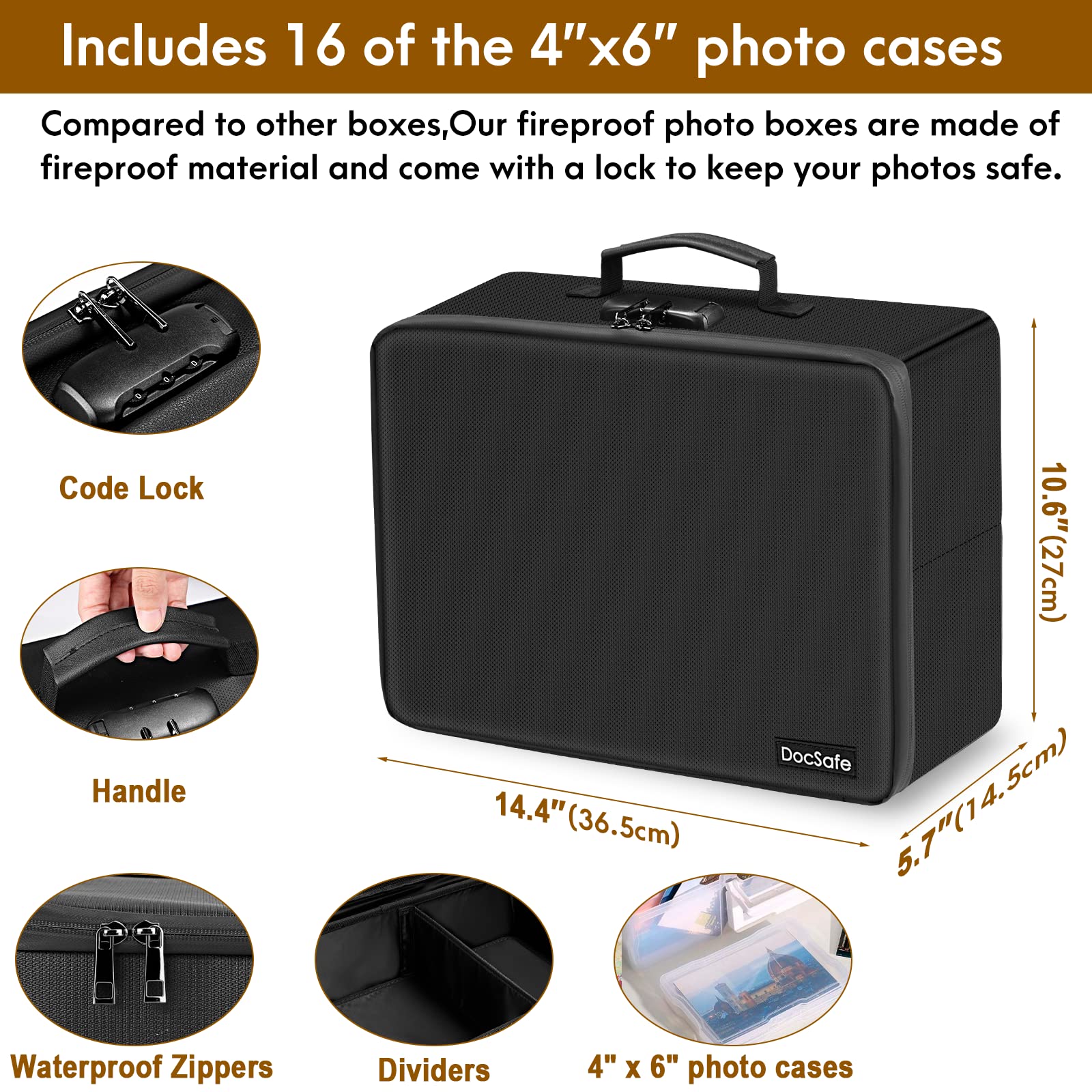 Photo Storage Box with Lock,DocSafe Fireproof Photo Organizer Box with 16 Inner 4" x 6" Photo Case(Clear),Collapsible Portable Photo Filing Safe Storage with Water-Resistant Zipper for Photos,Picture