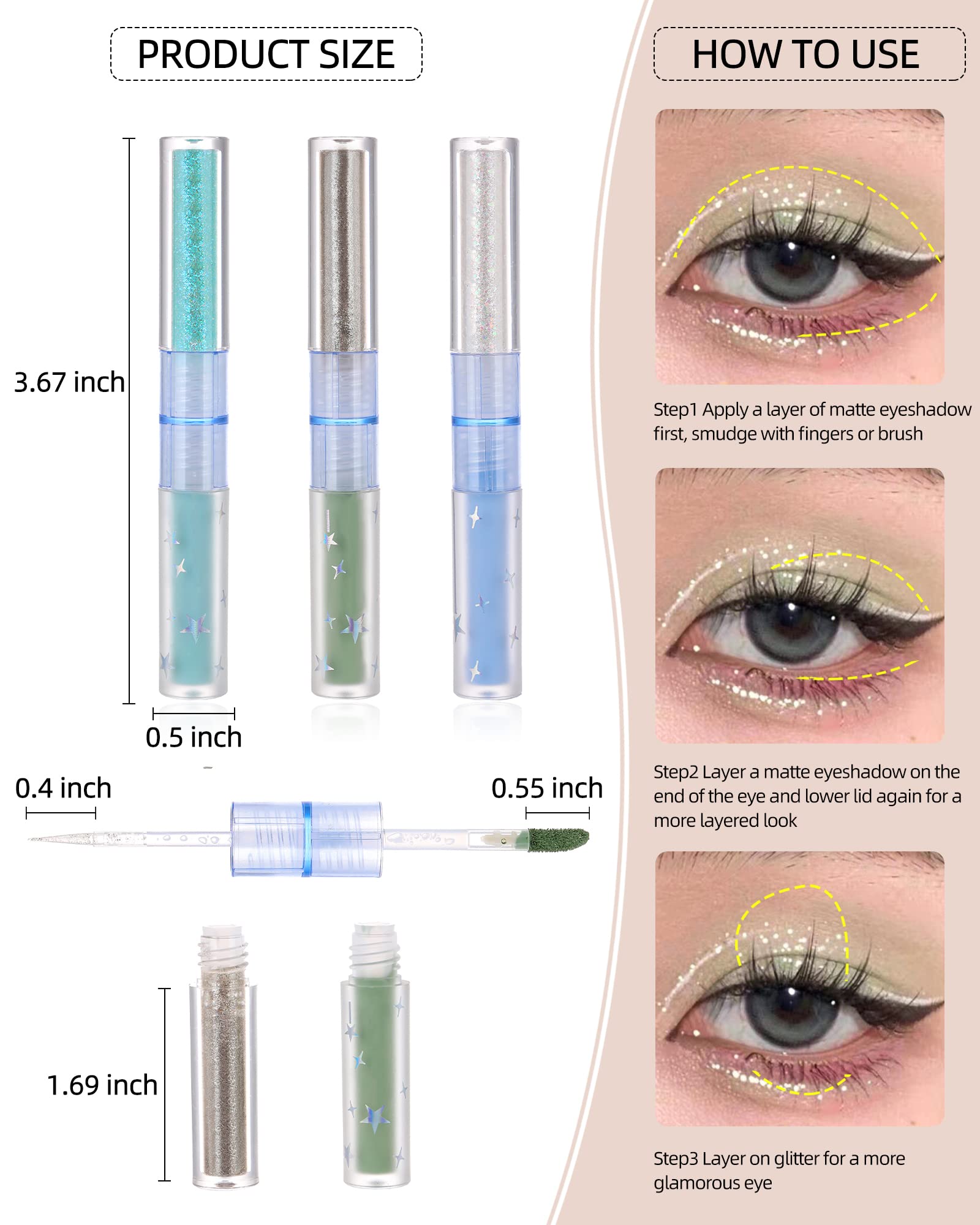 LYSdefeu 2 in 1 Long Lasting Glitter Liquid Matte Eye shadow, Green Blue Shimmer Liquid EyeShadow Kit – 3 Pcs High Pigmented Velvet Cream Eyeshadow Eyeliner Stick, Create Korean Eye Makeup