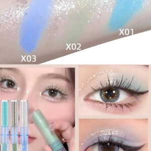 LYSdefeu 2 in 1 Long Lasting Glitter Liquid Matte Eye shadow, Green Blue Shimmer Liquid EyeShadow Kit – 3 Pcs High Pigmented Velvet Cream Eyeshadow Eyeliner Stick, Create Korean Eye Makeup