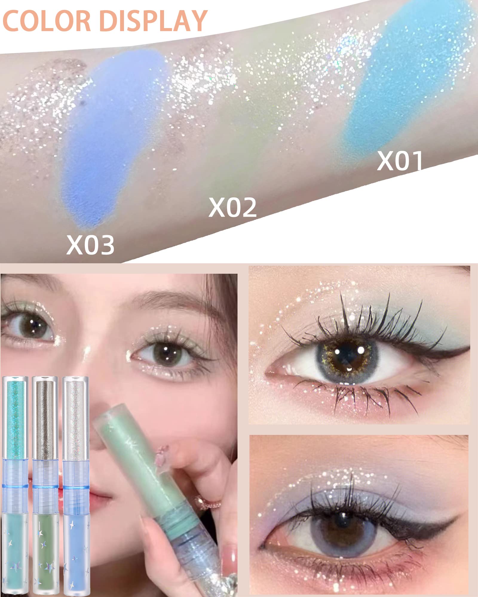 LYSdefeu 2 in 1 Long Lasting Glitter Liquid Matte Eye shadow, Green Blue Shimmer Liquid EyeShadow Kit – 3 Pcs High Pigmented Velvet Cream Eyeshadow Eyeliner Stick, Create Korean Eye Makeup