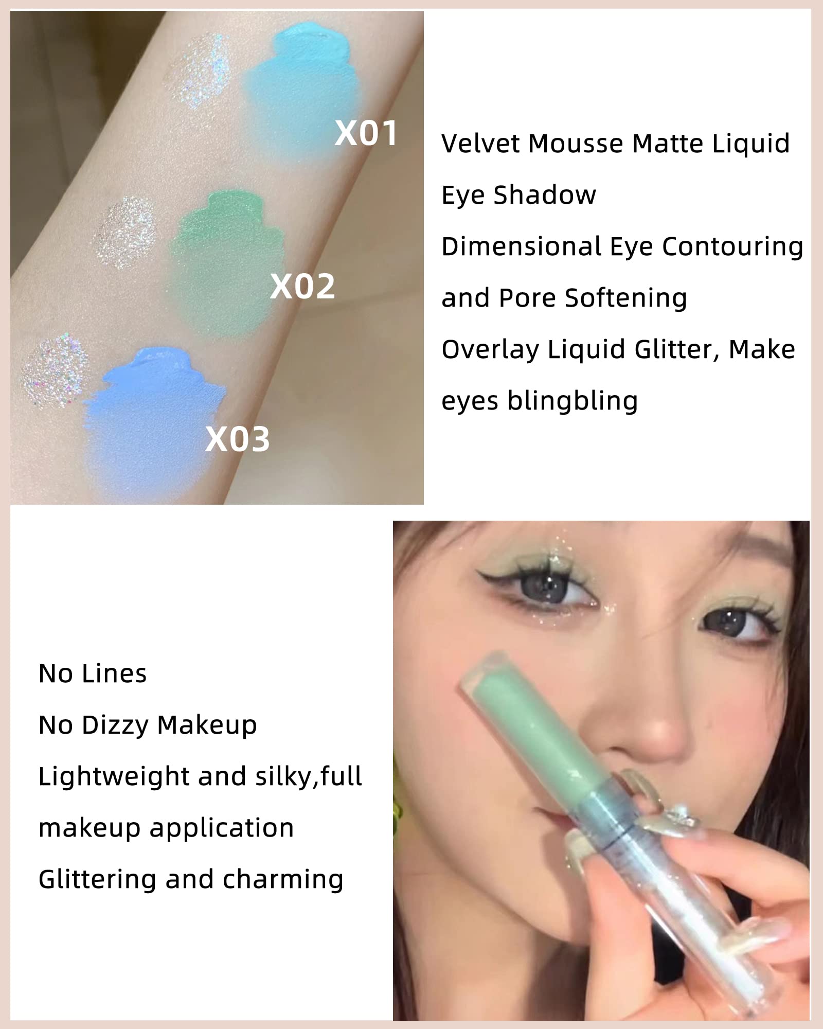 LYSdefeu 2 in 1 Long Lasting Glitter Liquid Matte Eye shadow, Green Blue Shimmer Liquid EyeShadow Kit – 3 Pcs High Pigmented Velvet Cream Eyeshadow Eyeliner Stick, Create Korean Eye Makeup