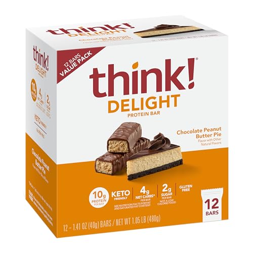 think! Delight, Keto Protein Bars, Healthy Low Carb, Gluten Free Snack - Chocolate Peanut Butter Pie, 12 Count (Packaging May Vary)