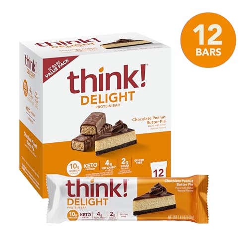 think! Delight, Keto Protein Bars, Healthy Low Carb, Gluten Free Snack - Chocolate Peanut Butter Pie, 12 Count (Packaging May Vary)