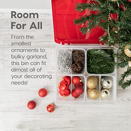 IRIS USA 26.7 Quart Portable Divider Christmas Storage Bin, 4-Compartment Container Tote Box with Removable Dividers for Ornaments Banners Garlands Decorative Cloths Pinecones Puppets, Clear/Red