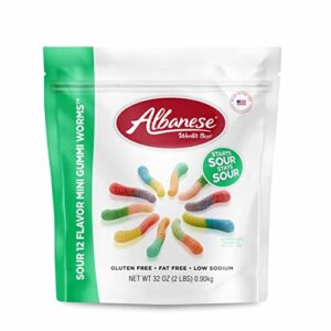 albanese world's best sour 12 flavor mini gummi worms candy, 32 oz bag