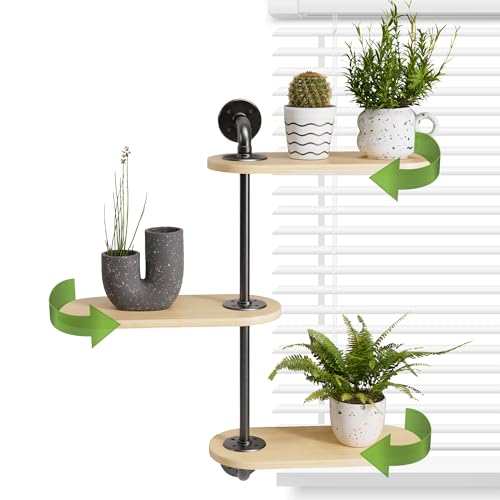 VEBAVO Rotating Window Plant Shelves for Optimal Light Exposure 16 inch, Wooden Window Shelf for Plants 3 Tier for Small Spaces, Stylish and Functional Indoor Plant Stand to Enhance Your Home Decor