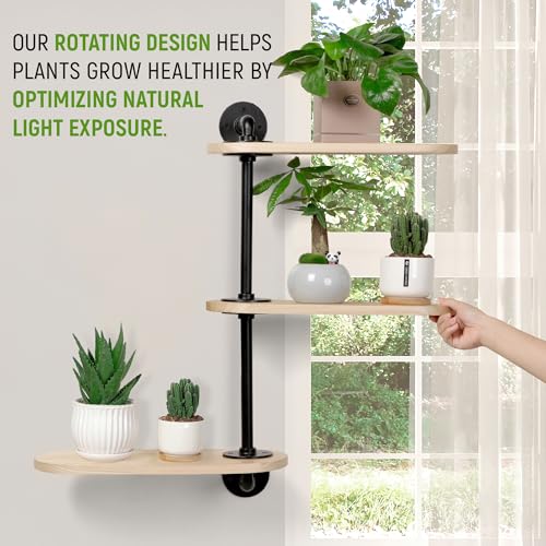 VEBAVO Rotating Window Plant Shelves for Optimal Light Exposure 16 inch, Wooden Window Shelf for Plants 3 Tier for Small Spaces, Stylish and Functional Indoor Plant Stand to Enhance Your Home Decor