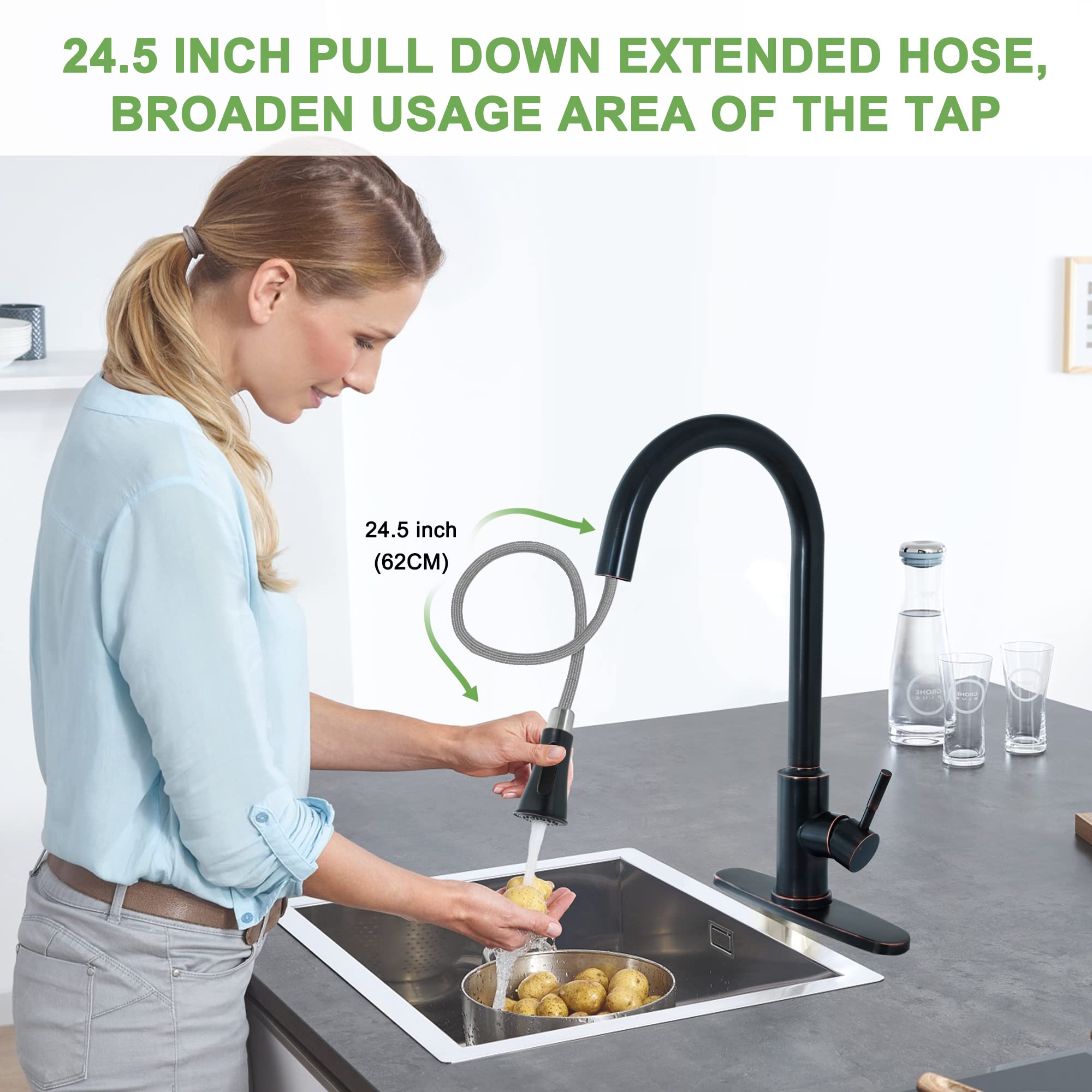 PHICHI Oil Rubbed Bronze Kitchen Faucet with Pull Down Sprayer, High Arc Stainless Steel Pull Out Single Handle 1 Or 3 Hole Sink Faucets with Deck Plate, Grifos De Cocina