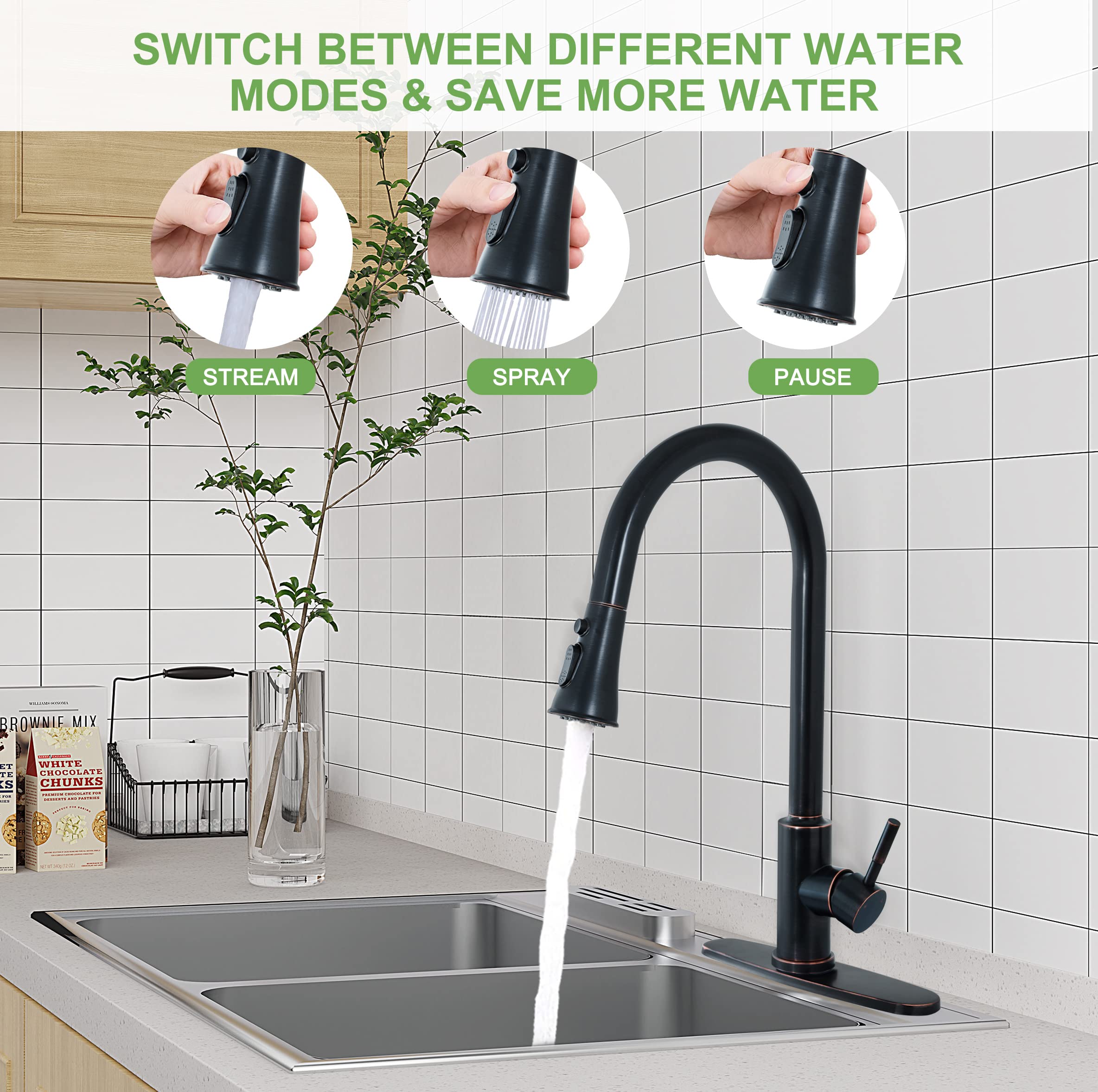 PHICHI Oil Rubbed Bronze Kitchen Faucet with Pull Down Sprayer, High Arc Stainless Steel Pull Out Single Handle 1 Or 3 Hole Sink Faucets with Deck Plate, Grifos De Cocina