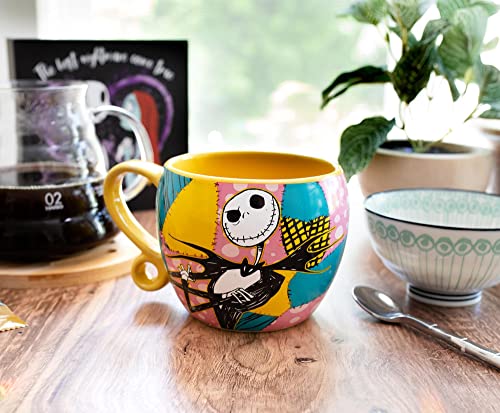 Disney The Nightmare Before Christmas Jack and Sally Patchwork 16-Ounce Sculpted Handle Ceramic Mug