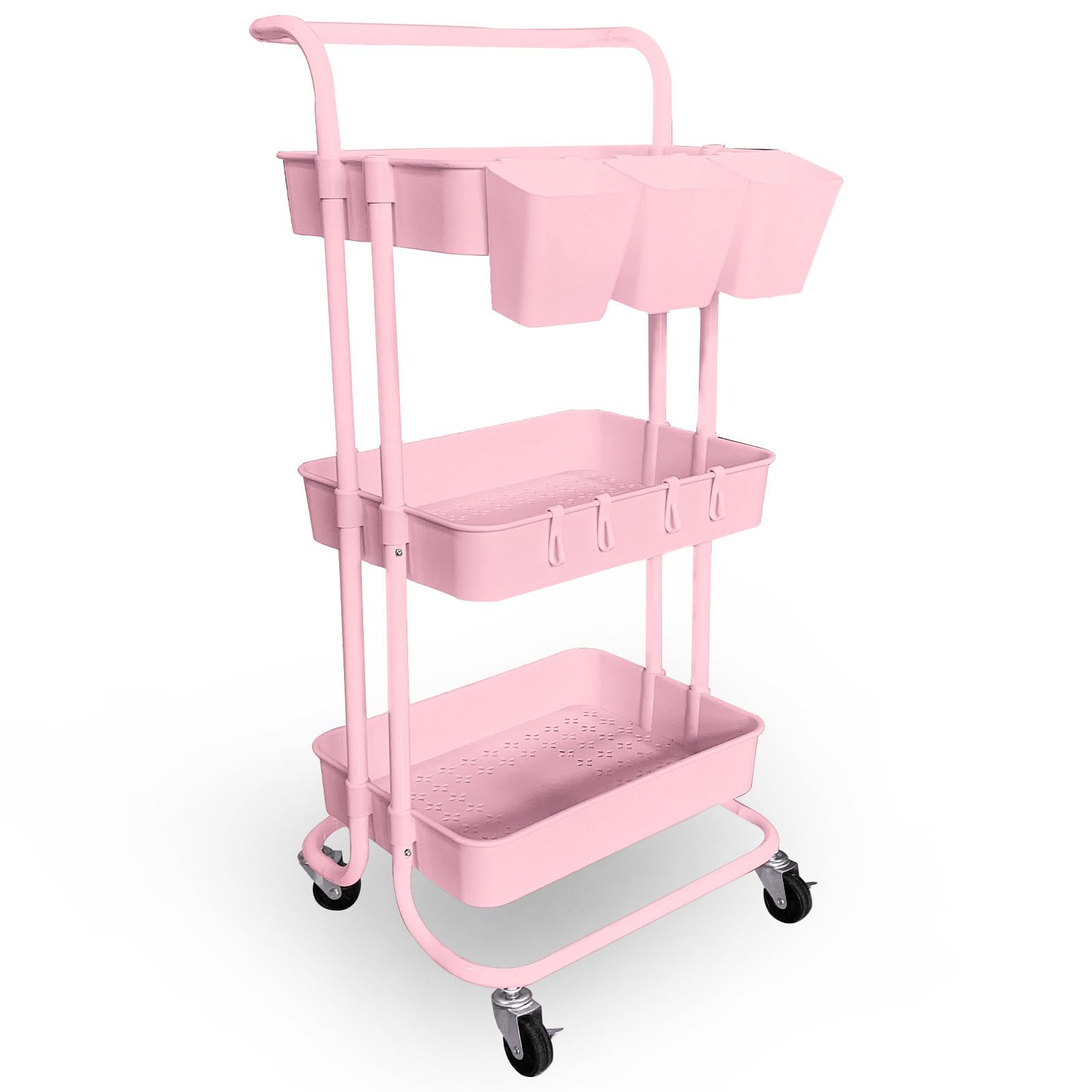 HXBYX Pink Rolling Cart 3 Tier with Wheels, Rolling Storage Cart with Handle and Locking Wheels, Multifunction Rolling Storage Organizer Trolley Cart, for Bathroom Office Kitchen School.