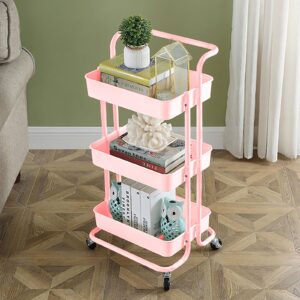 HXBYX Pink Rolling Cart 3 Tier with Wheels, Rolling Storage Cart with Handle and Locking Wheels, Multifunction Rolling Storage Organizer Trolley Cart, for Bathroom Office Kitchen School.