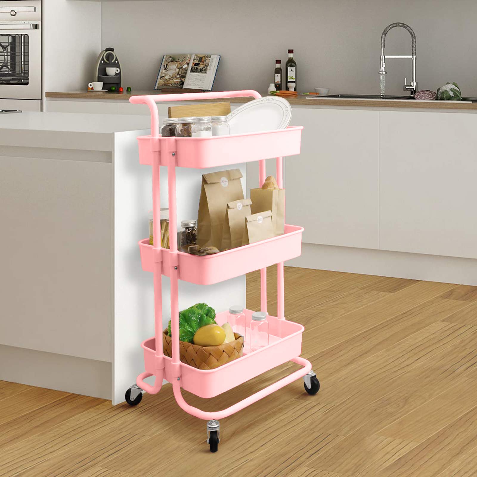 HXBYX Pink Rolling Cart 3 Tier with Wheels, Rolling Storage Cart with Handle and Locking Wheels, Multifunction Rolling Storage Organizer Trolley Cart, for Bathroom Office Kitchen School.