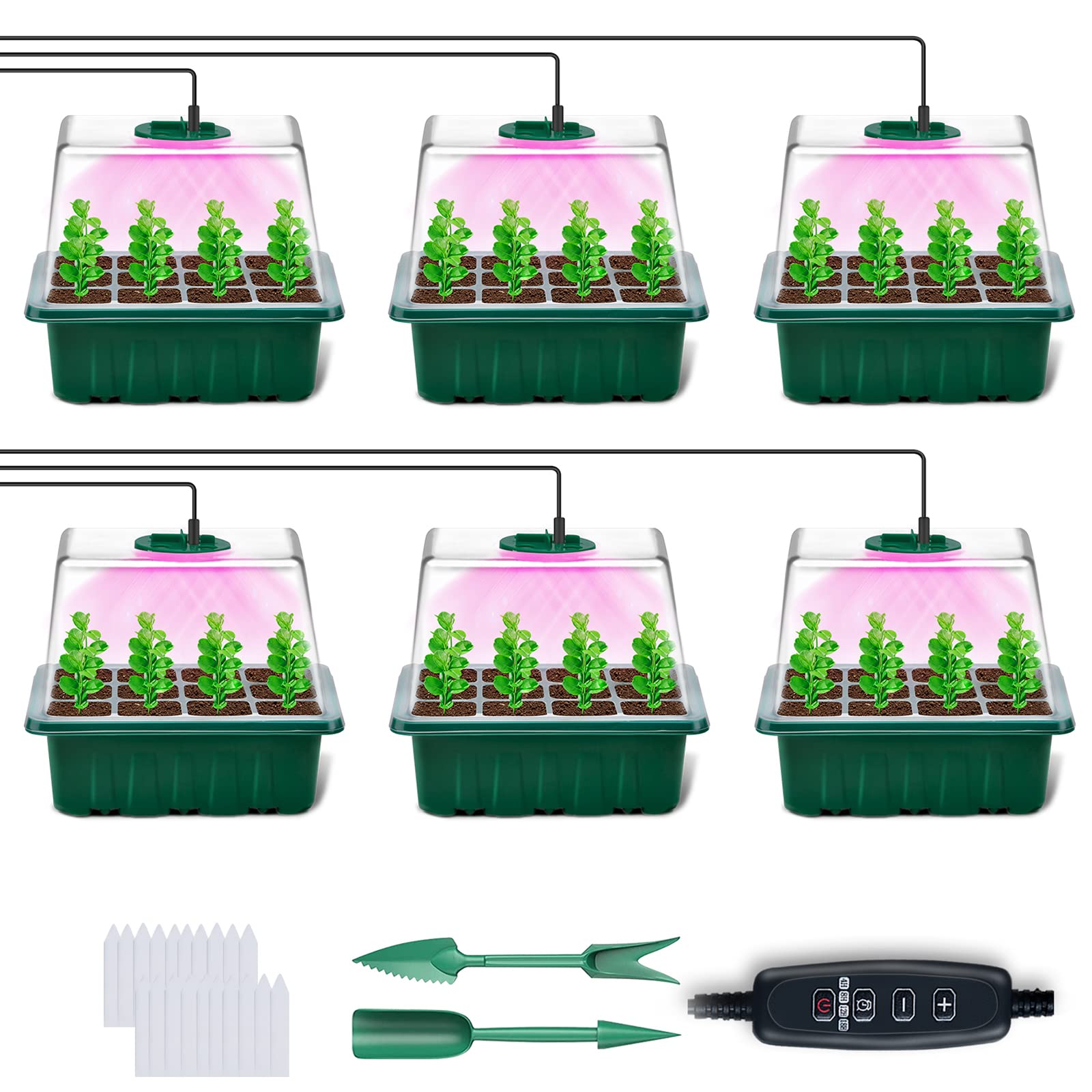 YAUNGEL Seed Starter Tray with Grow Light, 6 Pack Seed Starter Kit with Timing Controller Adjustable Brightness, Thicken Seedling Starter Trays with Humidity Domes Heightened Lids, Gift Box