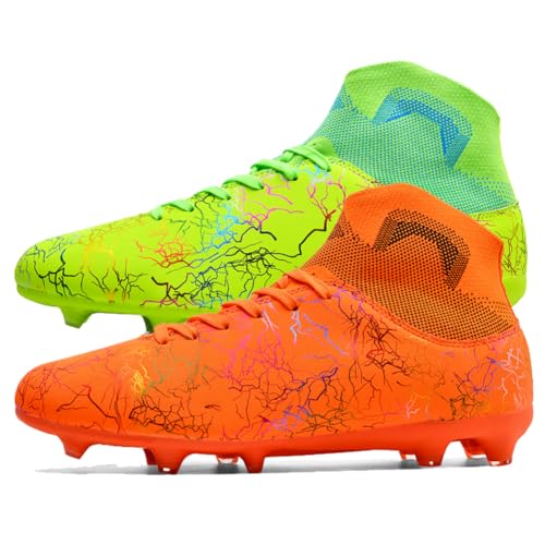 ESXGED Womens High Top Lightweight Soccer Cleats Mens Comfy Football Boots Spikes Shoes Training Sports Sneakers Green-Orange Size 9.5w/8m