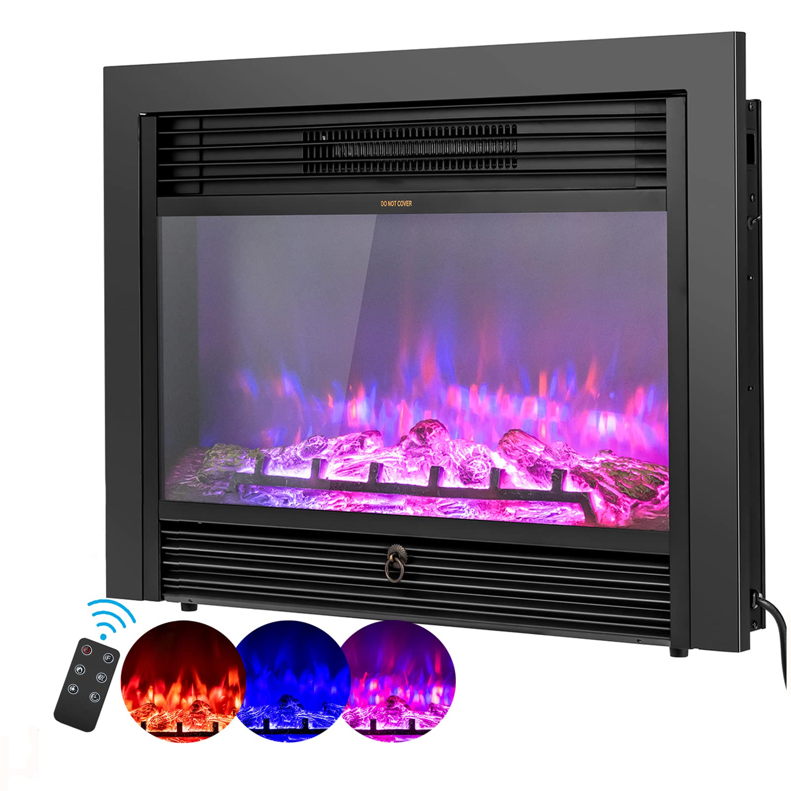 GLACER Electric Fireplace, 28.5'' Recessed Fireplace Heater with 3 Colors Adjustable LED Flame,Timer,Thermostat,Hidden Control Panel,Remote Control,750W/1500W Wall Mounted, Black, (EP100)