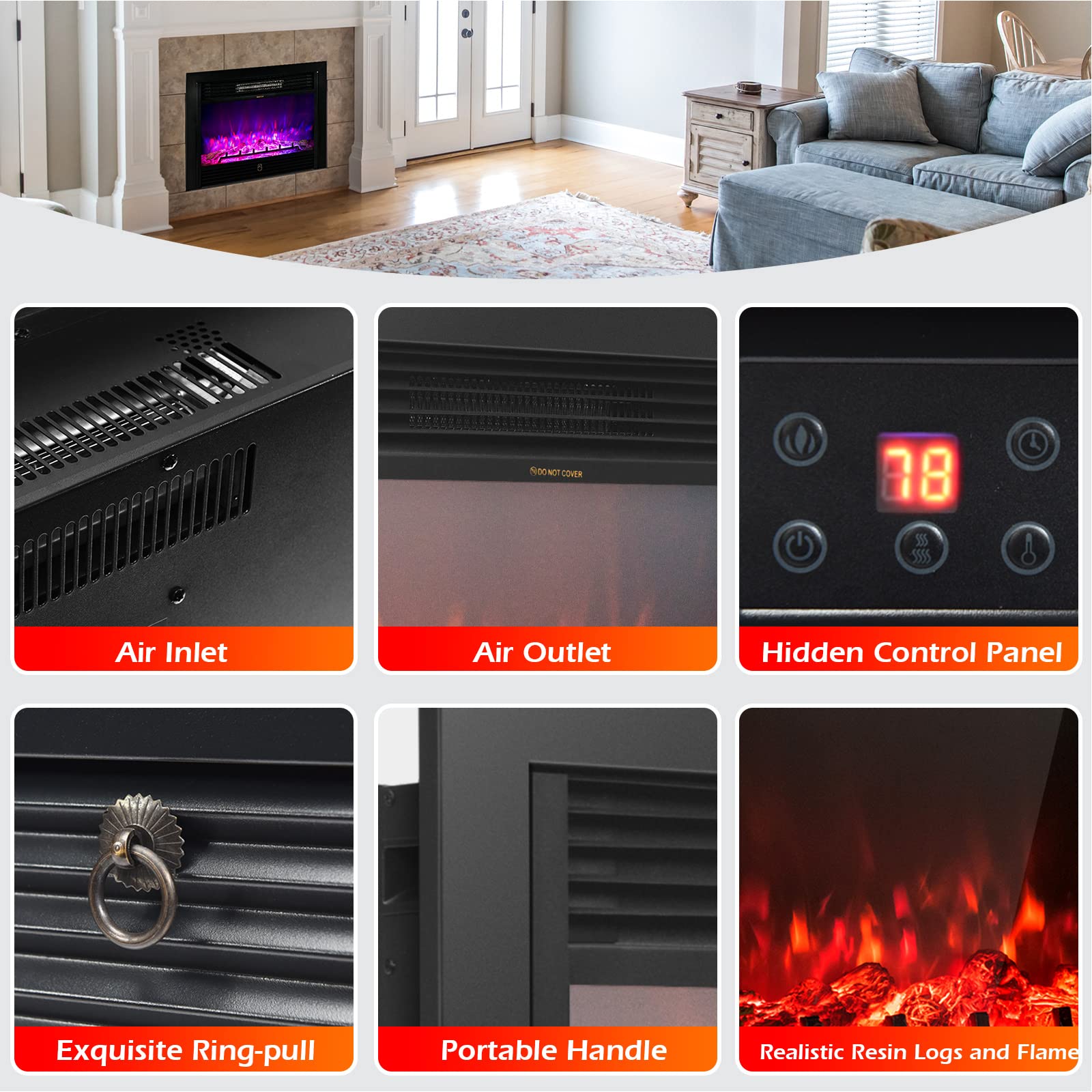 GLACER Electric Fireplace, 28.5'' Recessed Fireplace Heater with 3 Colors Adjustable LED Flame,Timer,Thermostat,Hidden Control Panel,Remote Control,750W/1500W Wall Mounted, Black, (EP100)