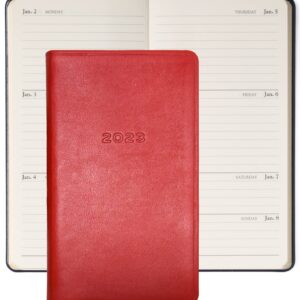 2023 Pocket Datebook Planner Journal, Genuine Leather, Bound in the USA, 5", Traditional Red