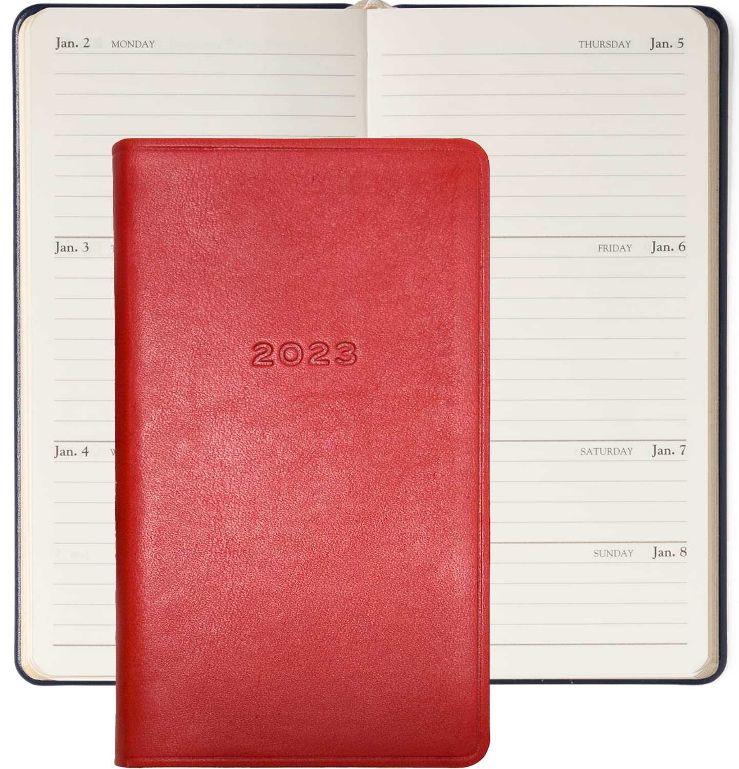 2023 Pocket Datebook Planner Journal, Genuine Leather, Bound in the USA, 5", Traditional Red