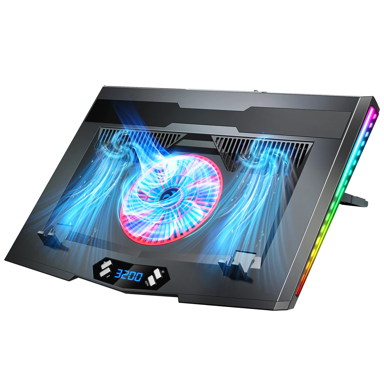 2022 Upgrade Laptop Cooling Pad 15.6-17.3 Inch, AIMIUZI RGB Gaming Laptop Cooler with Powerful Turbo-Fan 3200 RPM, 12 Modes Light, 7 Height Stands, Ergonomic Design, 2 USB Ports, Dust Filter