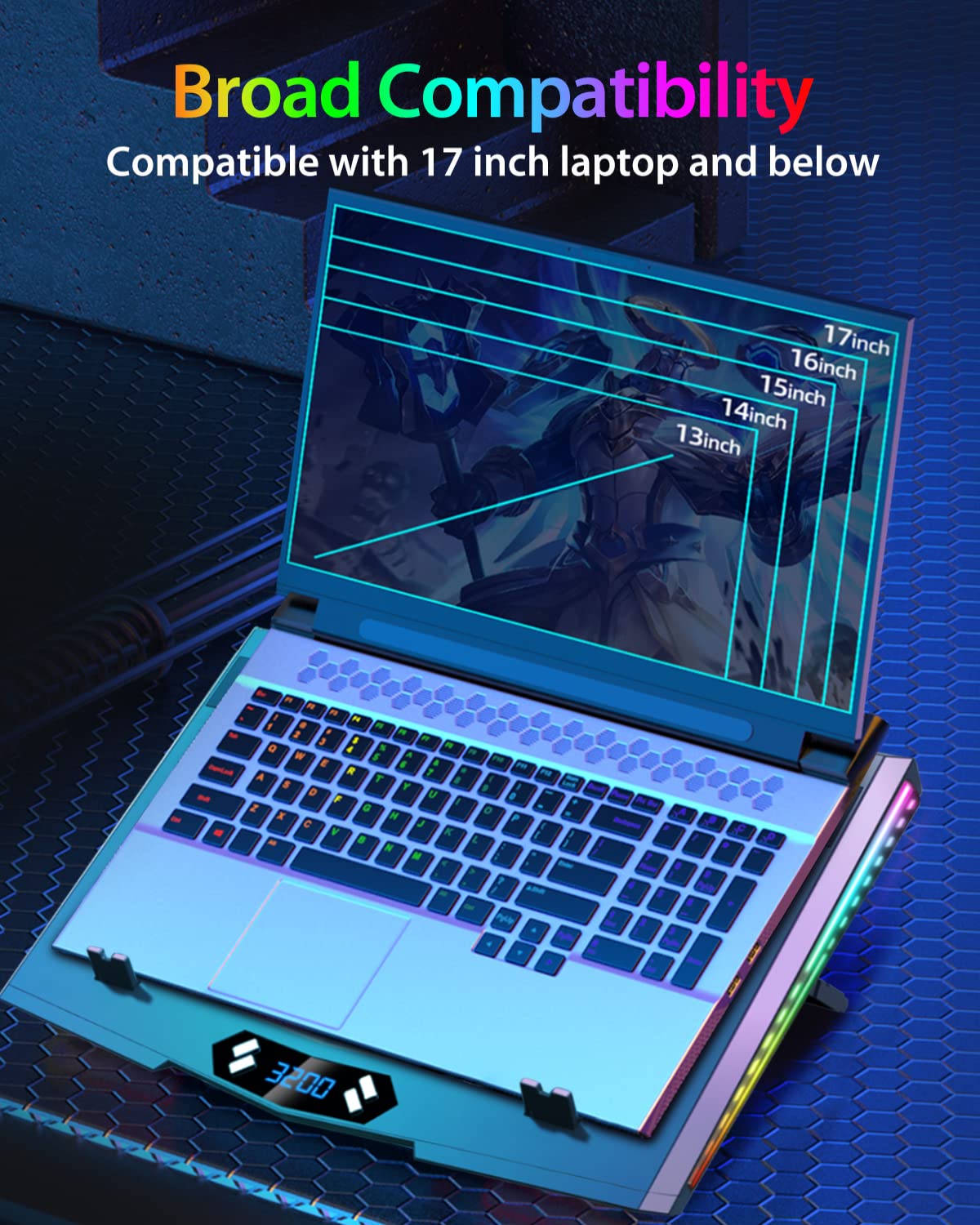 2022 Upgrade Laptop Cooling Pad 15.6-17.3 Inch, AIMIUZI RGB Gaming Laptop Cooler with Powerful Turbo-Fan 3200 RPM, 12 Modes Light, 7 Height Stands, Ergonomic Design, 2 USB Ports, Dust Filter