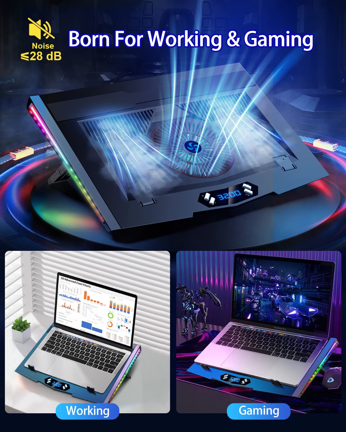 2022 Upgrade Laptop Cooling Pad 15.6-17.3 Inch, AIMIUZI RGB Gaming Laptop Cooler with Powerful Turbo-Fan 3200 RPM, 12 Modes Light, 7 Height Stands, Ergonomic Design, 2 USB Ports, Dust Filter